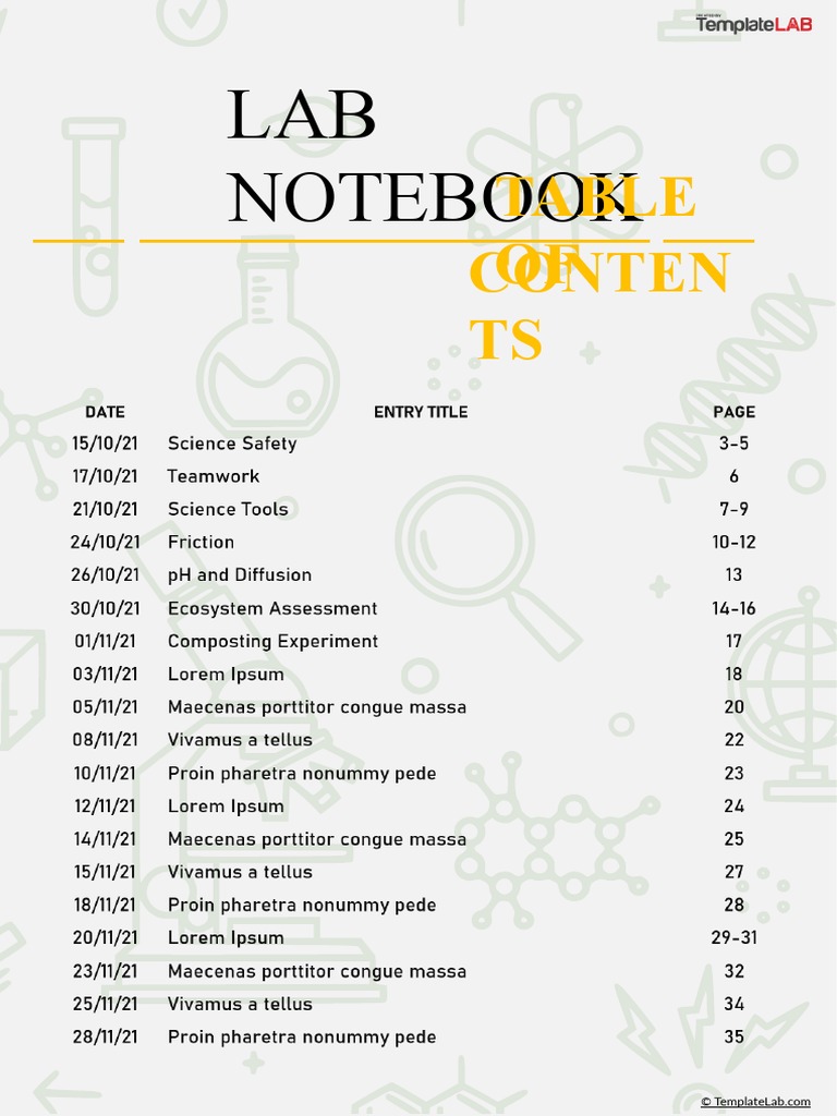 Lab Notebook Table of Contents | PDF