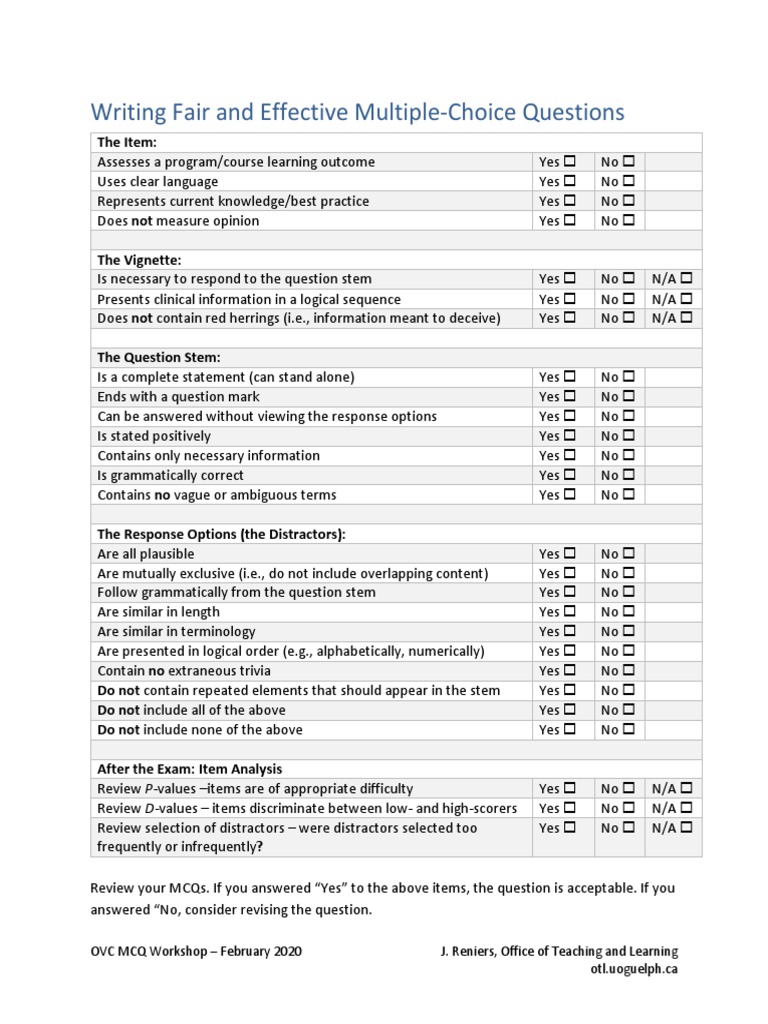 Writing Fair and Effective MCQs - Checklist | PDF | Multiple Choice ...