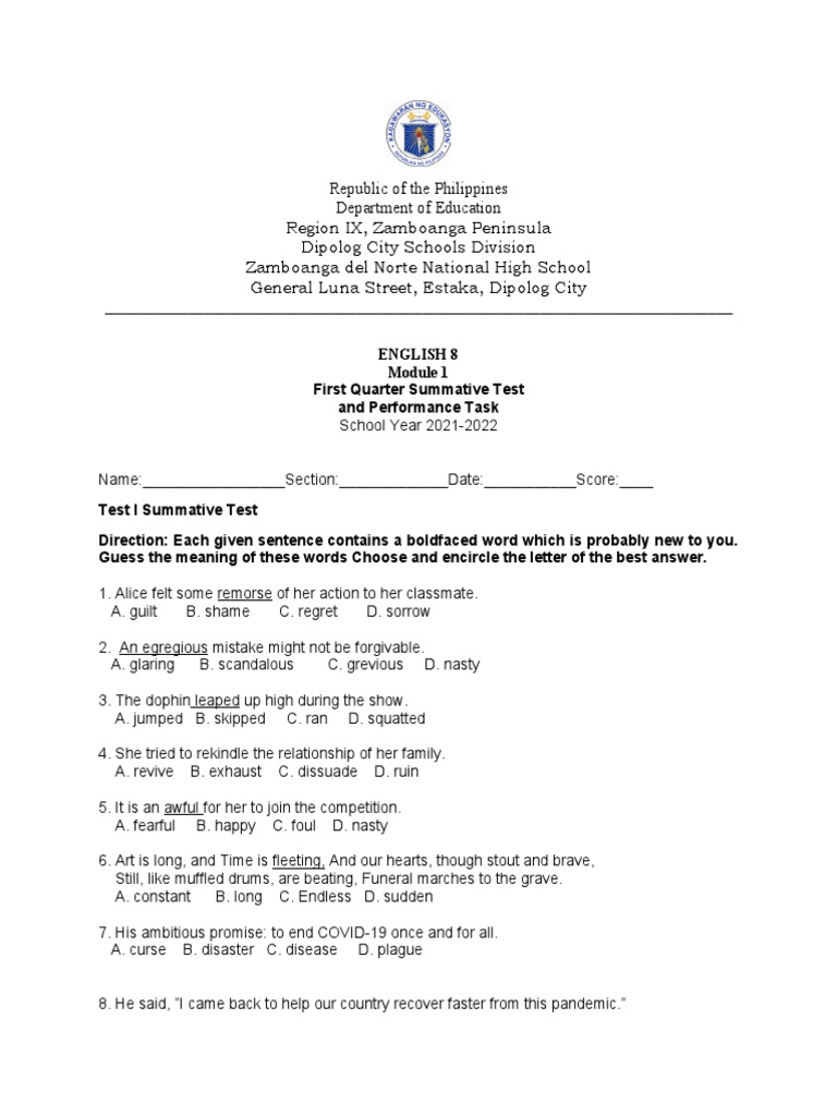 Grade 8 Summative Test For Quarter 1 Module 1 | PDF