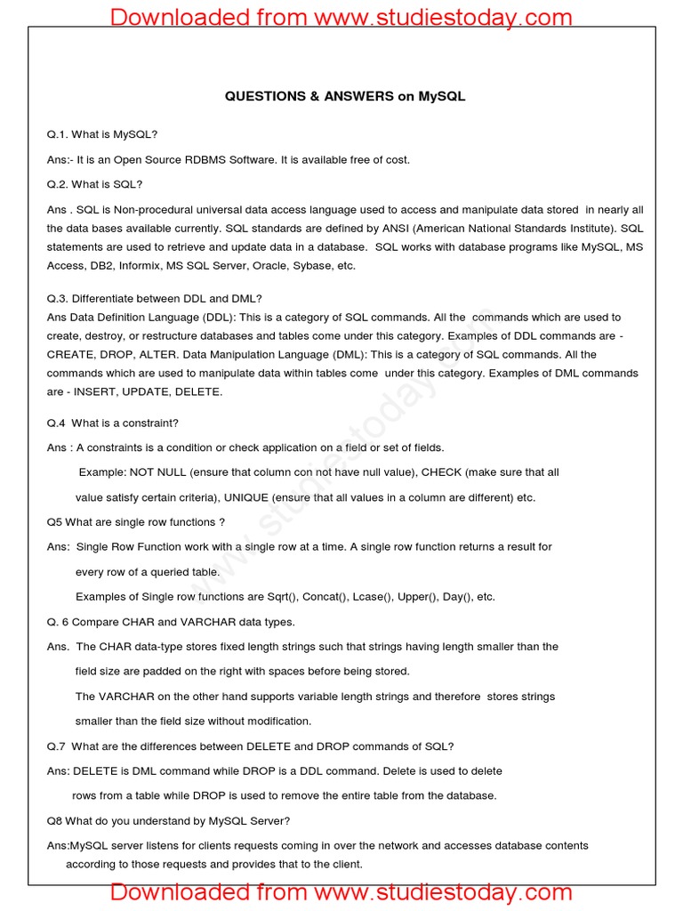 Cbse Class Xi Informatics Practices Introduction To Mysql Questions Unlocked Pdf Sql