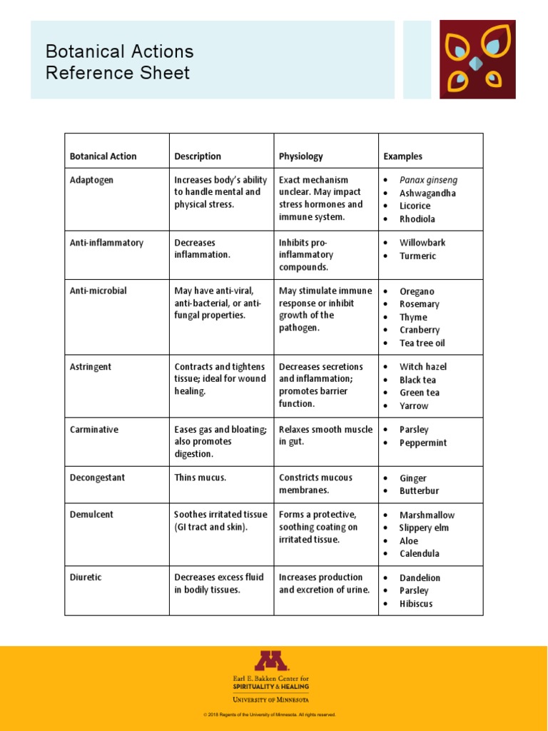 Botanical Actions Reference Sheet | PDF | Mucus | Inflammation