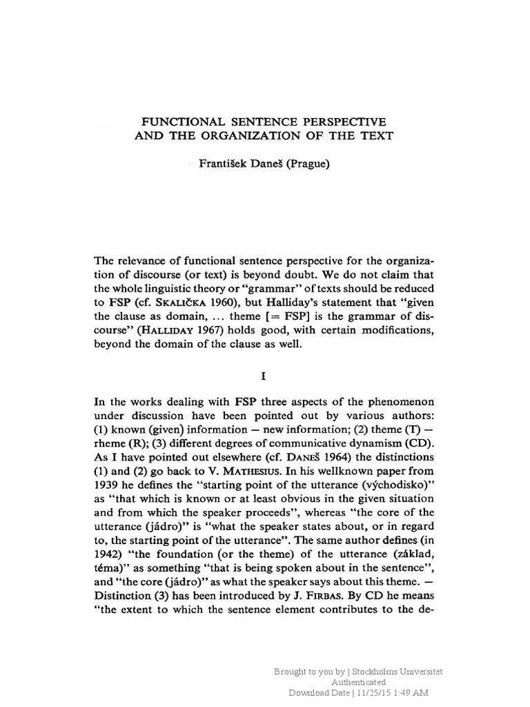 Functional Sentence Perspective and The Organization of The Text | PDF
