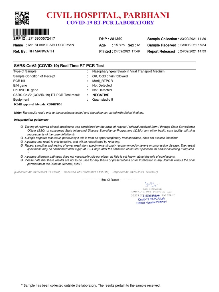 Sars-Cov2 (Covid-19) Real Time RT PCR Test: Icmr Approval Lab Code ...