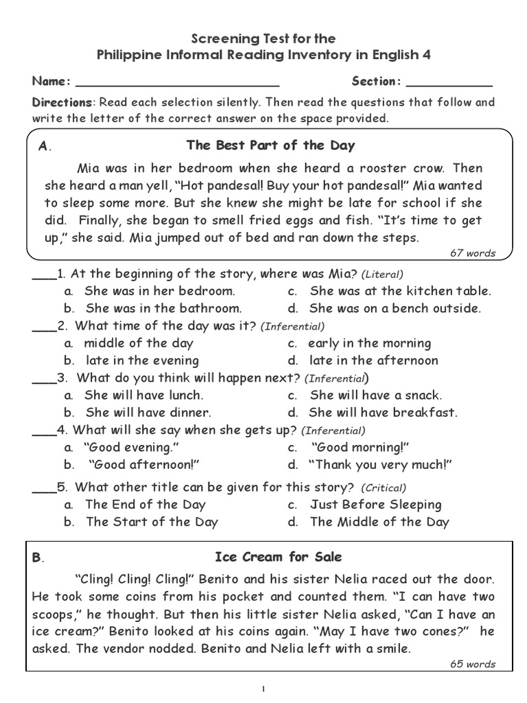 GR 4 ENGLISH Screening Test v2 Edited | PDF