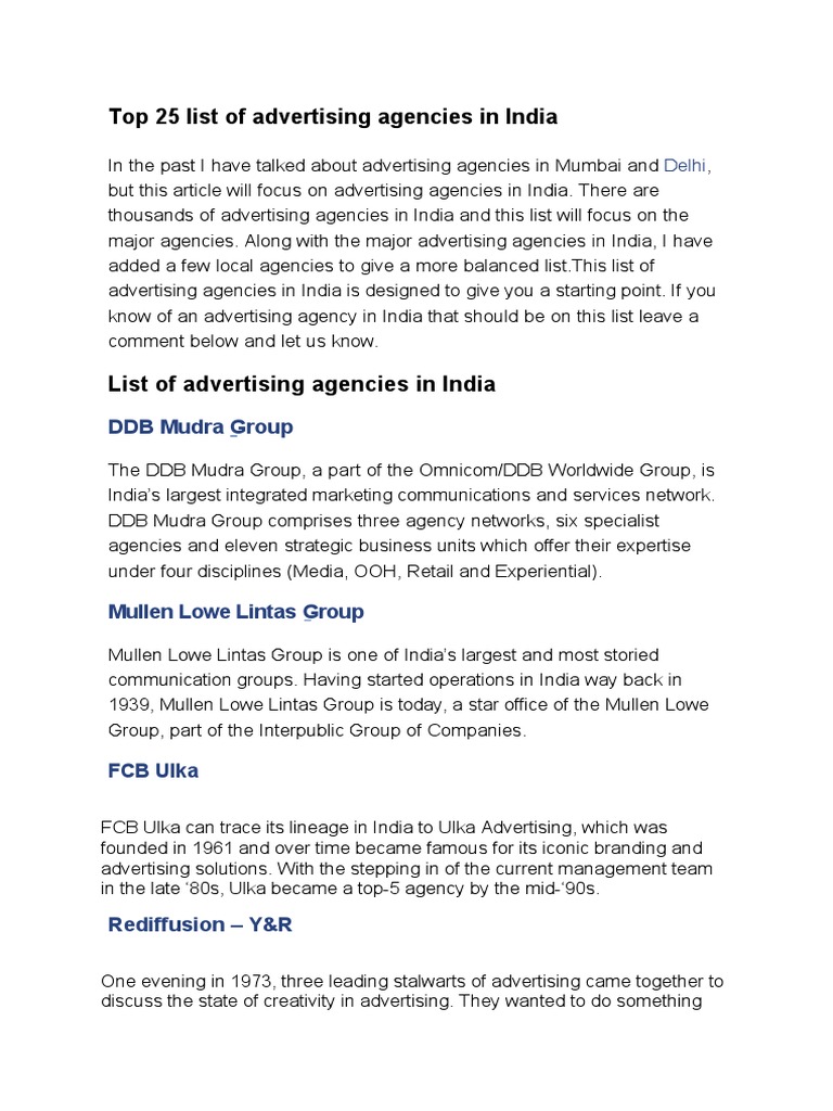 Top 25 List of Advertising Agencies in India: DDB Mudra Group | PDF
