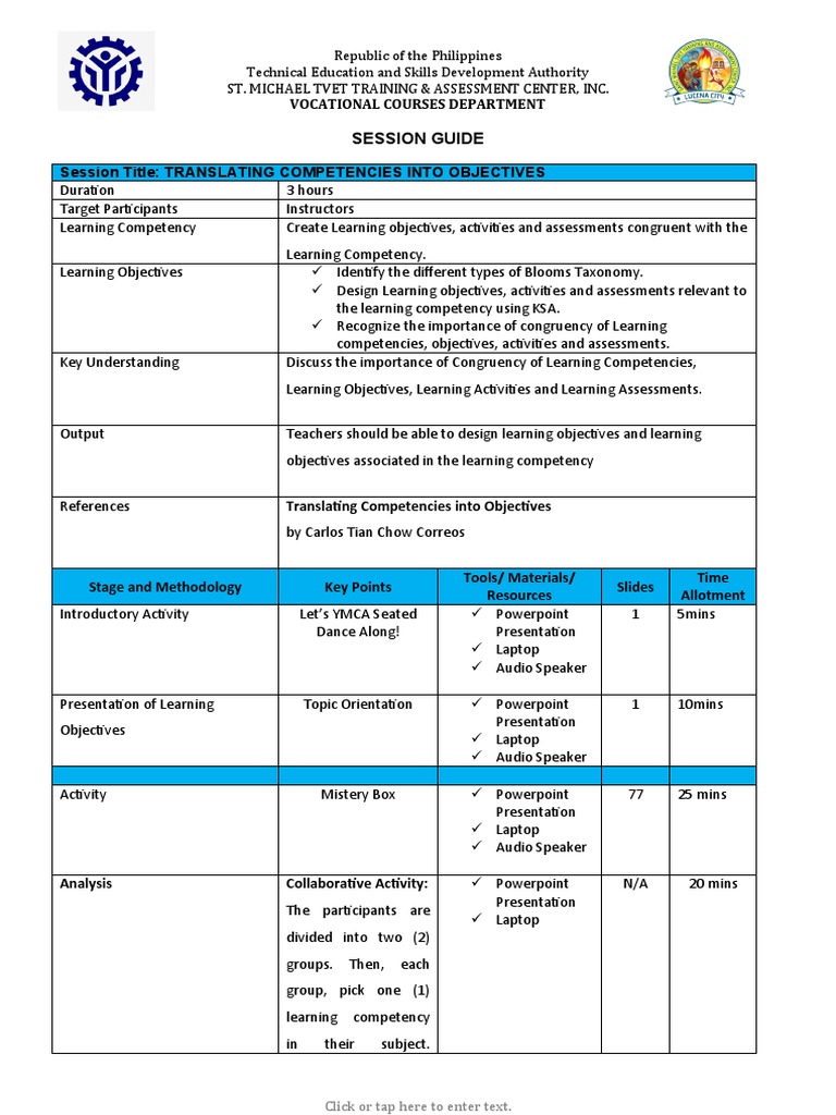 Session Guide: Session Title: Translating Competencies Into Objectives ...