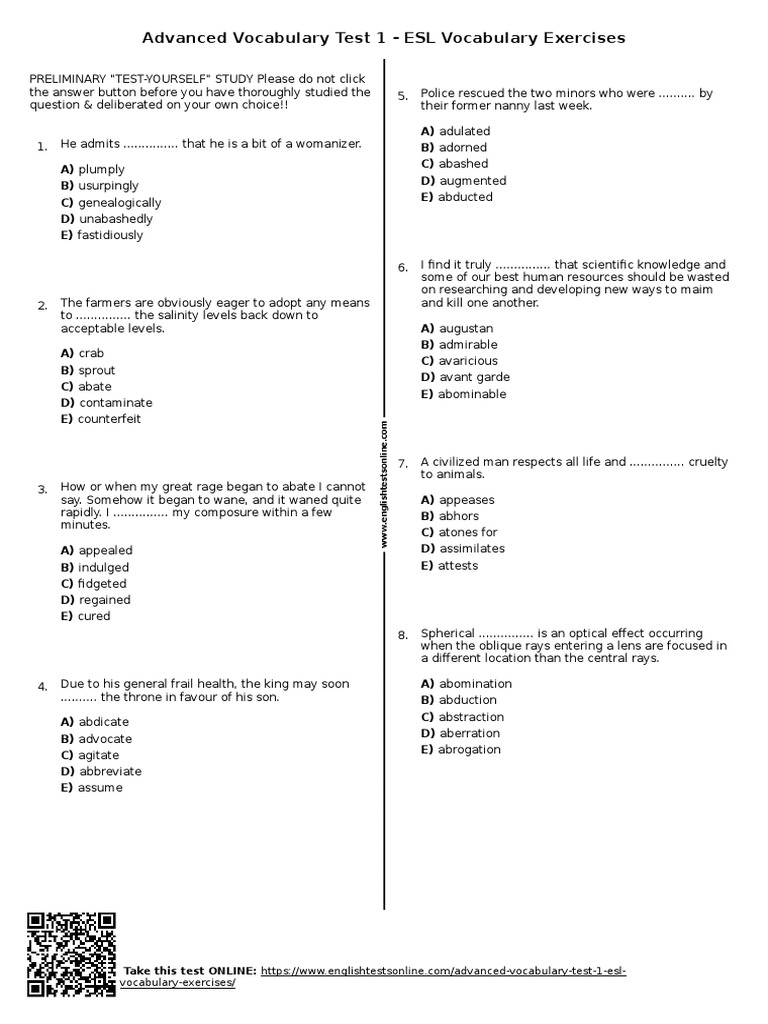 650 Advanced Vocabulary Test 1 Esl Vocabulary Exercises | PDF