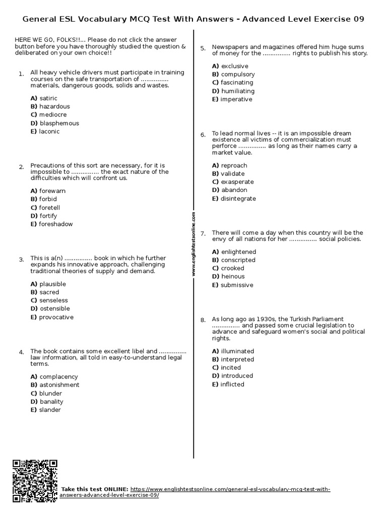 Advanced ESL Vocabulary MCQ Test | PDF | Young Adult