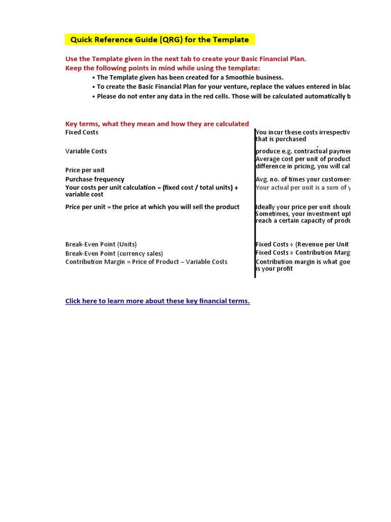 Quick Reference Guide (QRG) For The Template | PDF | Financial ...