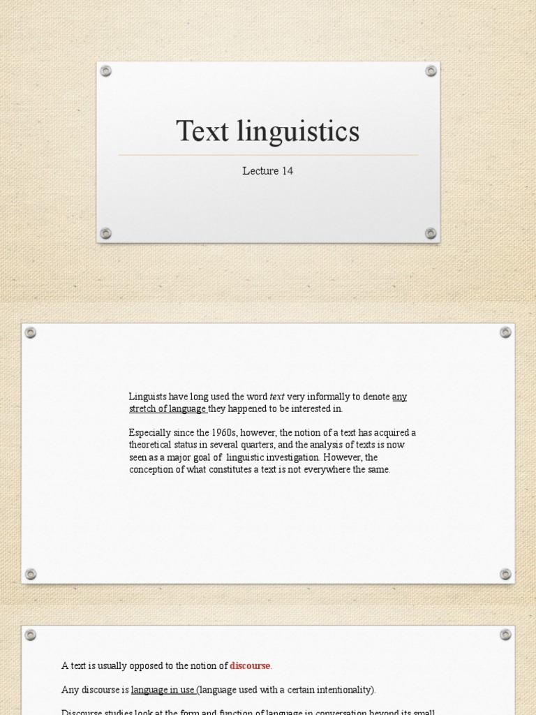 Text Linguistics: Text vs Discourse | PDF | Adverb | Linguistics