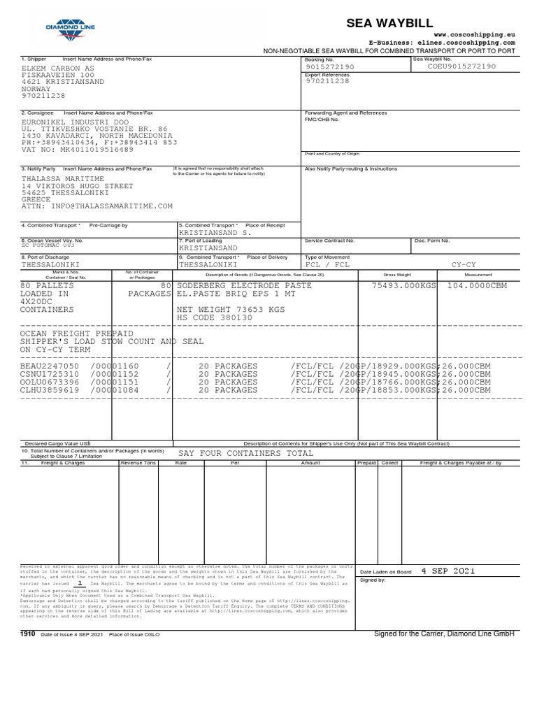 Sea Waybill: Non-Negotiable Sea Waybill For Combined Transport or Port ...