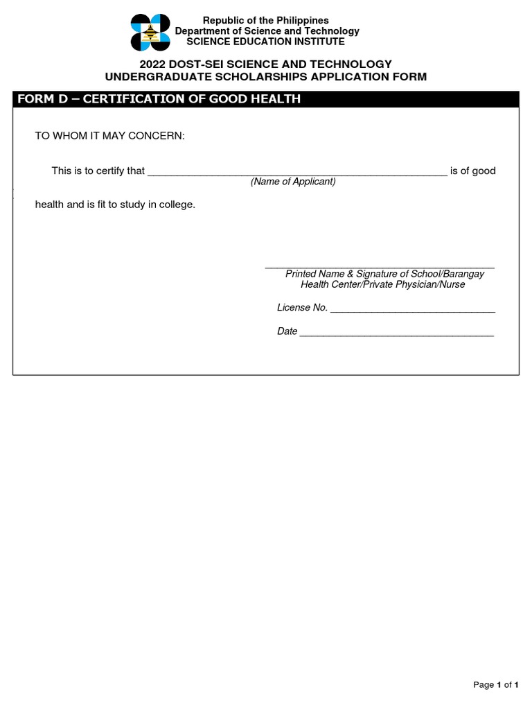 DOST-SEI 2022 Scholarship Application Form D Health Certification | PDF
