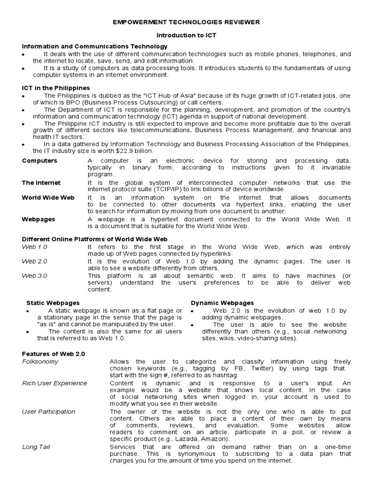 Empowerment Technology Midterm Reviewer | PDF | World Wide Web | Internet & Web