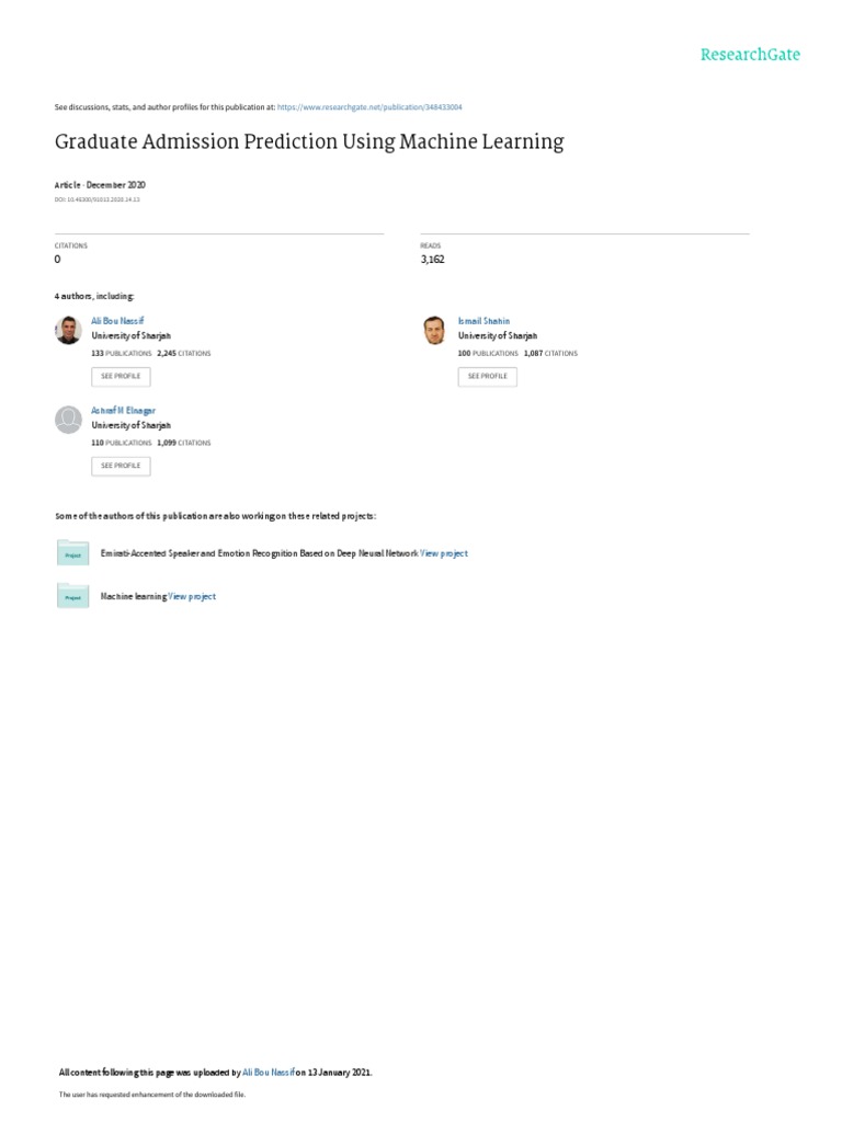 Graduate Admission Prediction Using Machine Learning: December 2020 ...