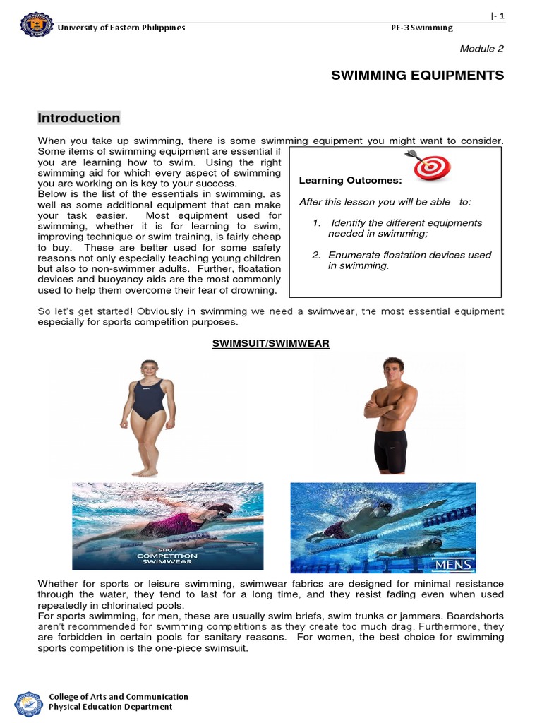 Swimming Equipments: Learning Outcomes | PDF | Swimming | Swimsuit