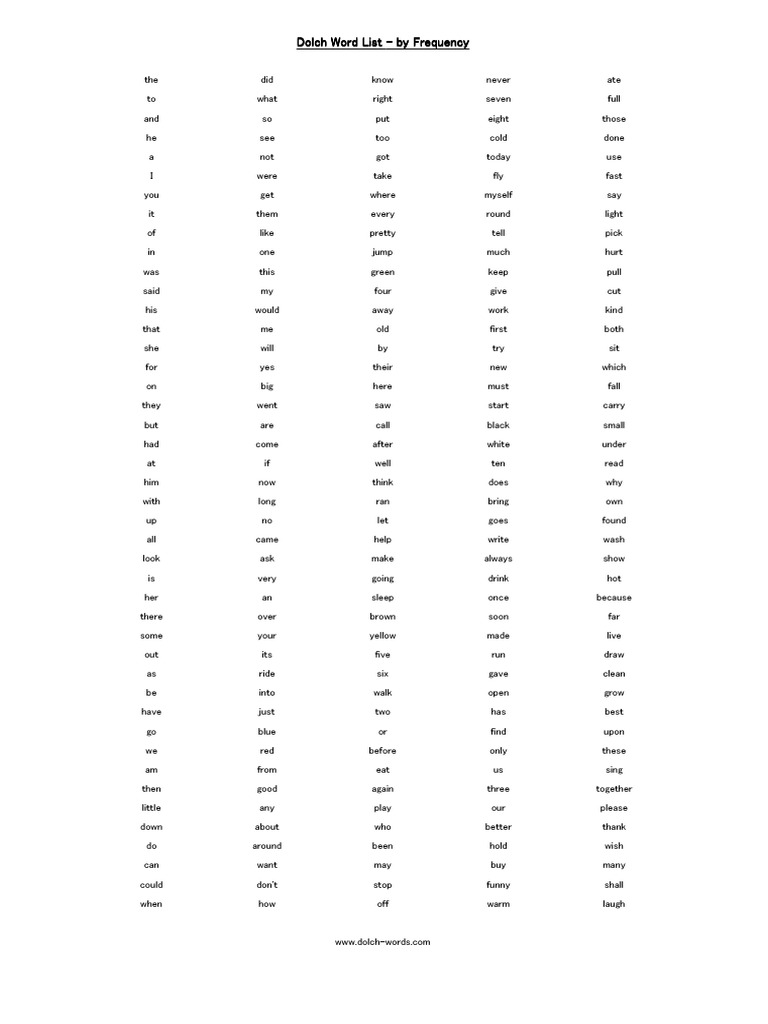 Dolch Words All Freq Printable | PDF