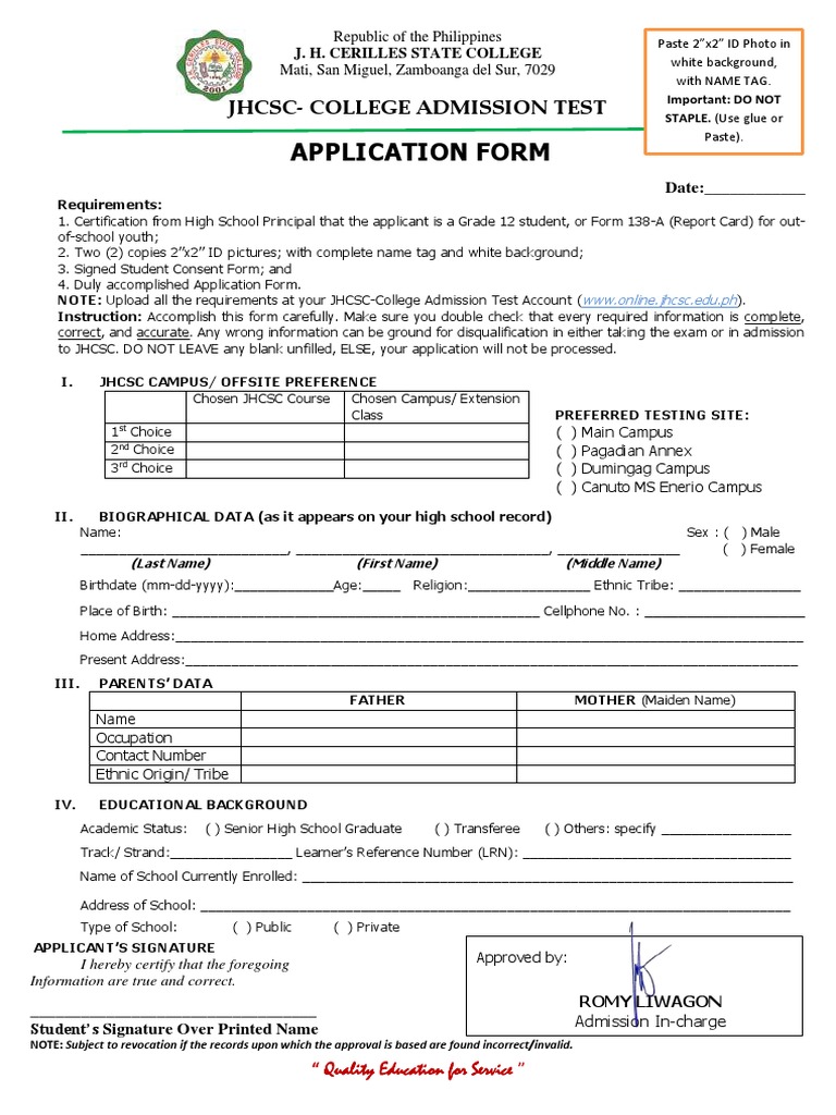Application Form: Jhcsc-College Admission Test | PDF | University And ...