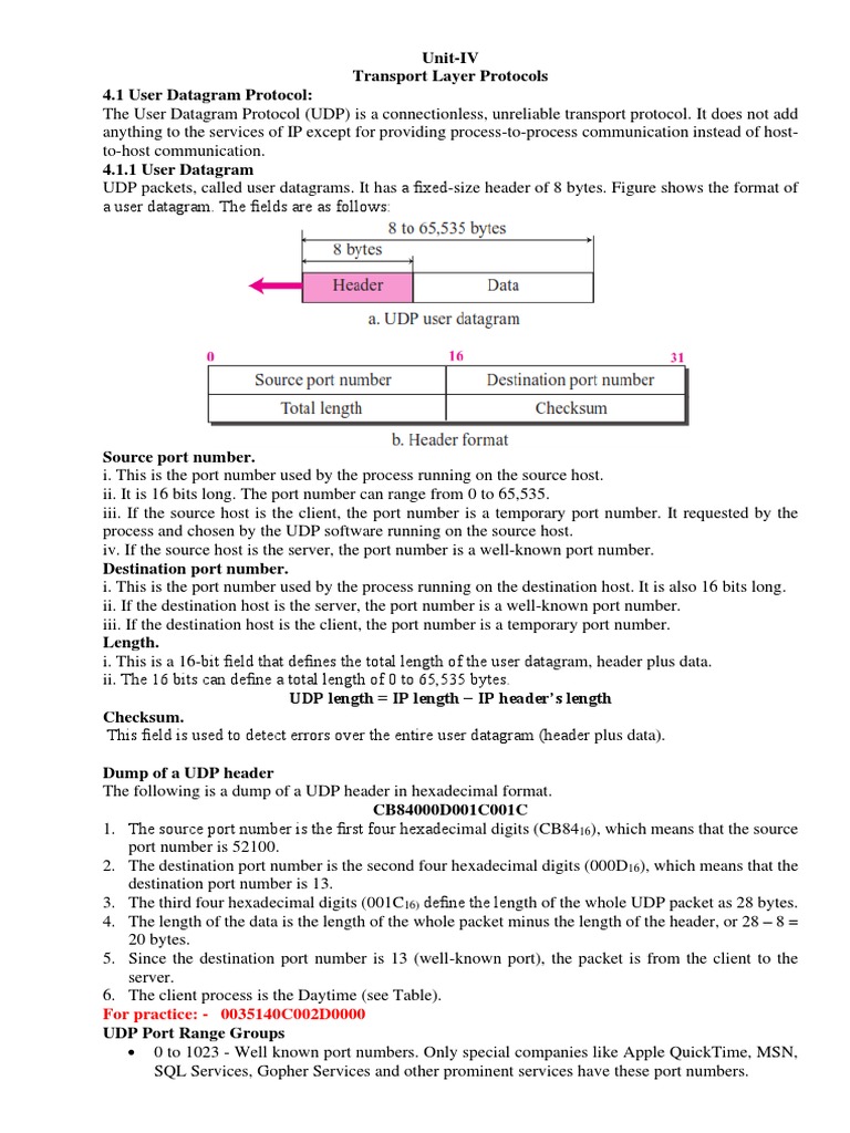 Unit-IV Transport Layer Protocols 4.1 User Datagram Protocol | PDF ...