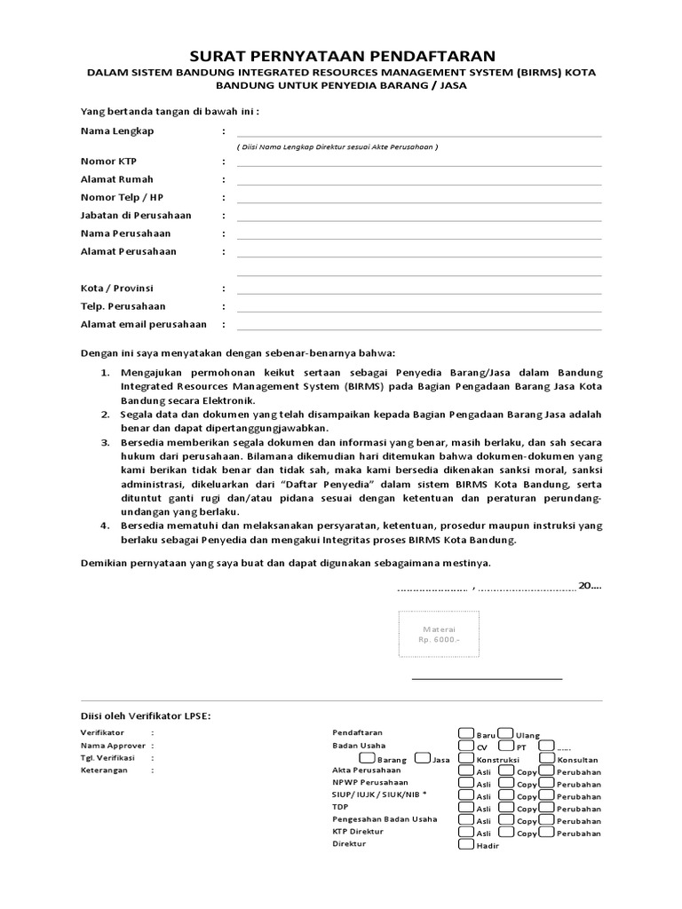 Pendaftaran Penyedia BIRMS Kota Bandung | PDF