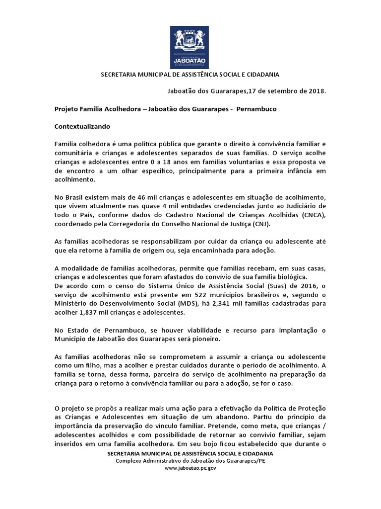 Projeto Família Acolhedora | PDF | Família | Adolescência