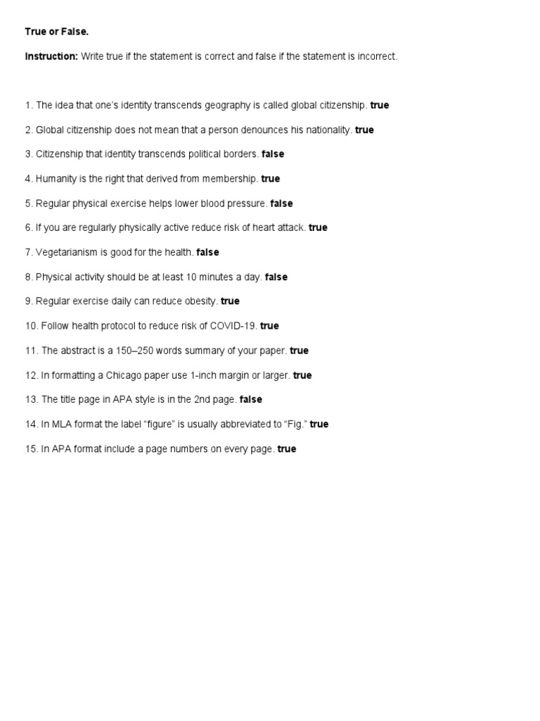 True or False. Instruction: Write True If The Statement Is Correct and False If The Statement Is ...