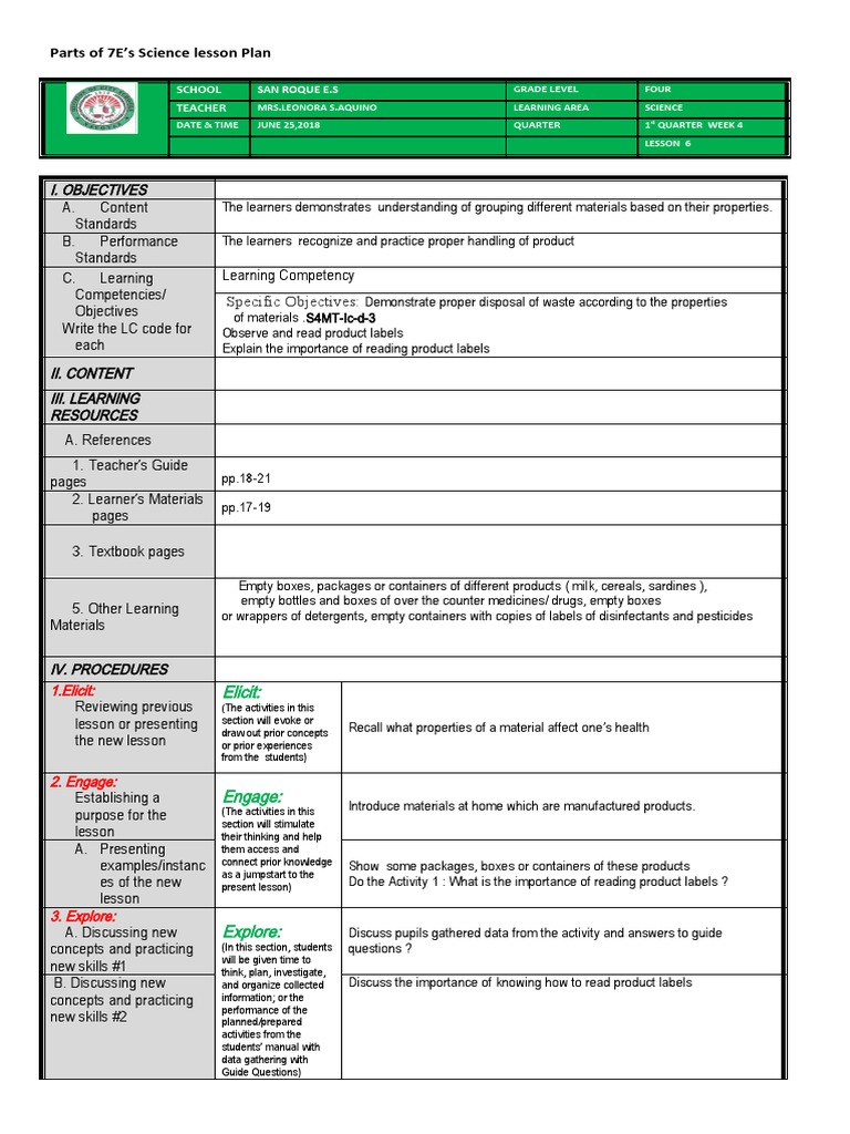 SAMPLE LESSON PLAN USING 7'es | PDF | Learning | Teaching
