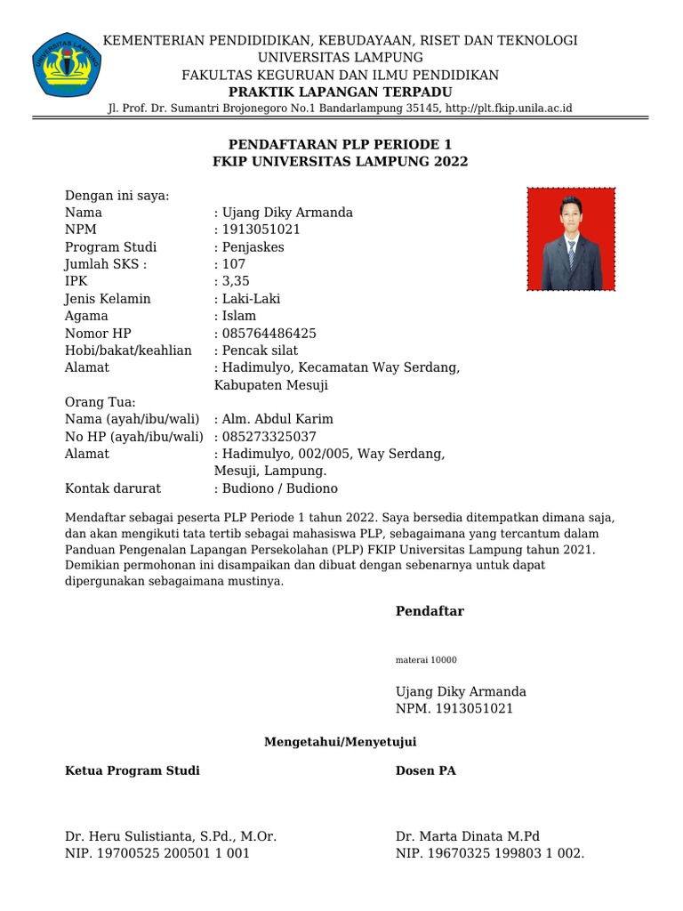 Ujang Diky Armanda 1913051021 Form PLP | PDF