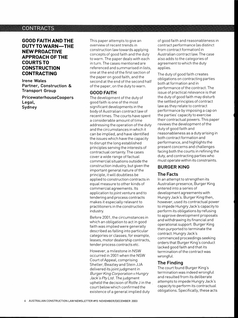 Good Faith and The Duty To Warn - The New Proactive Approach of The ...