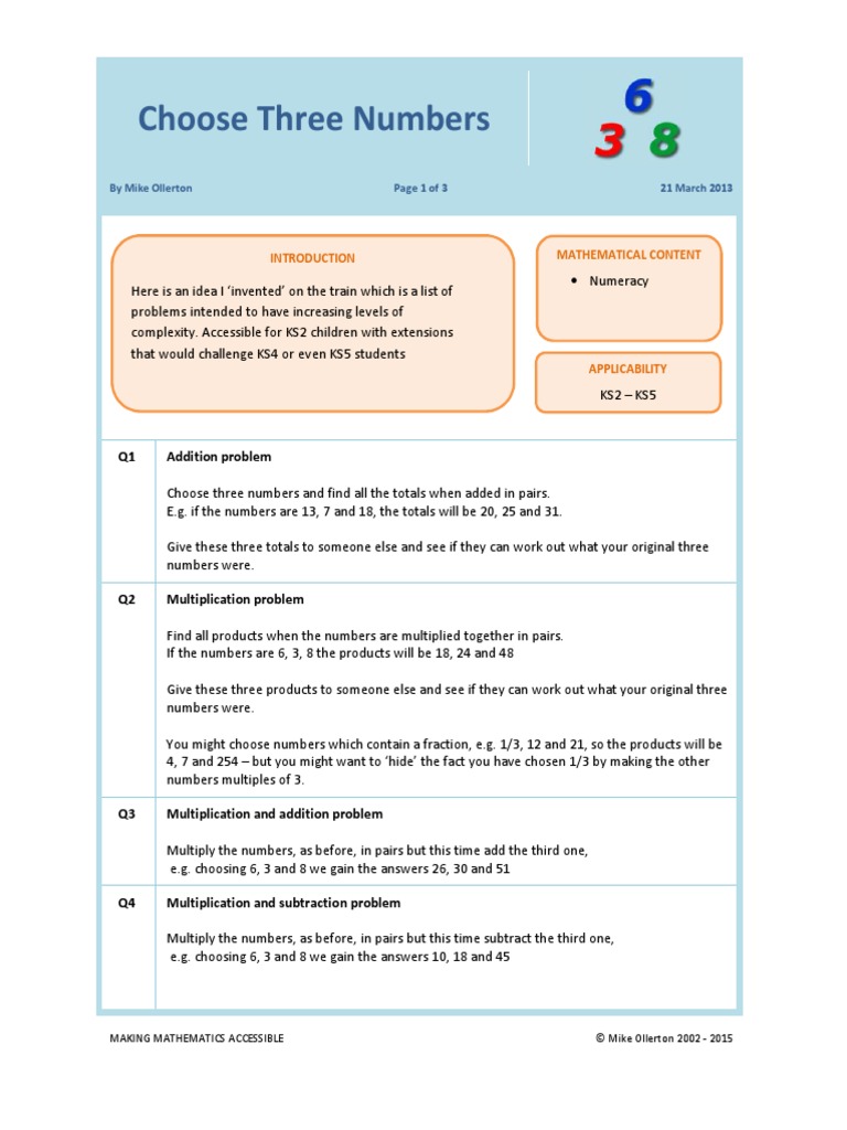 Choose Three Numbers: Mathematical Content | PDF | Area | Multiplication