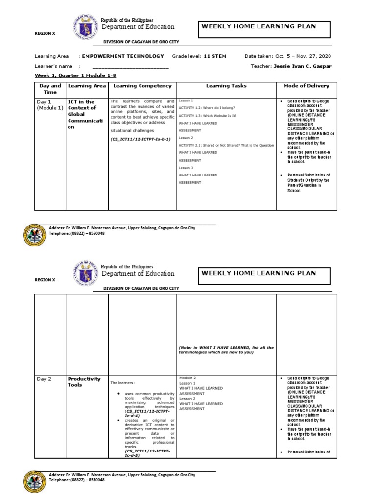 Department of Education: Weekly Home Learning Plan | PDF | Educational ...
