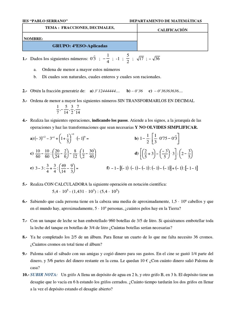Prueba - Fracciones y Decimales | PDF | Matemática Elemental | Notación ...