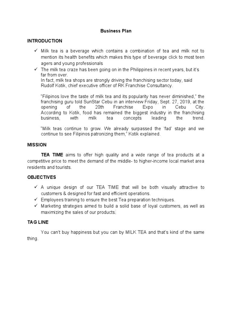 Business Plan | PDF | Tea | Milk