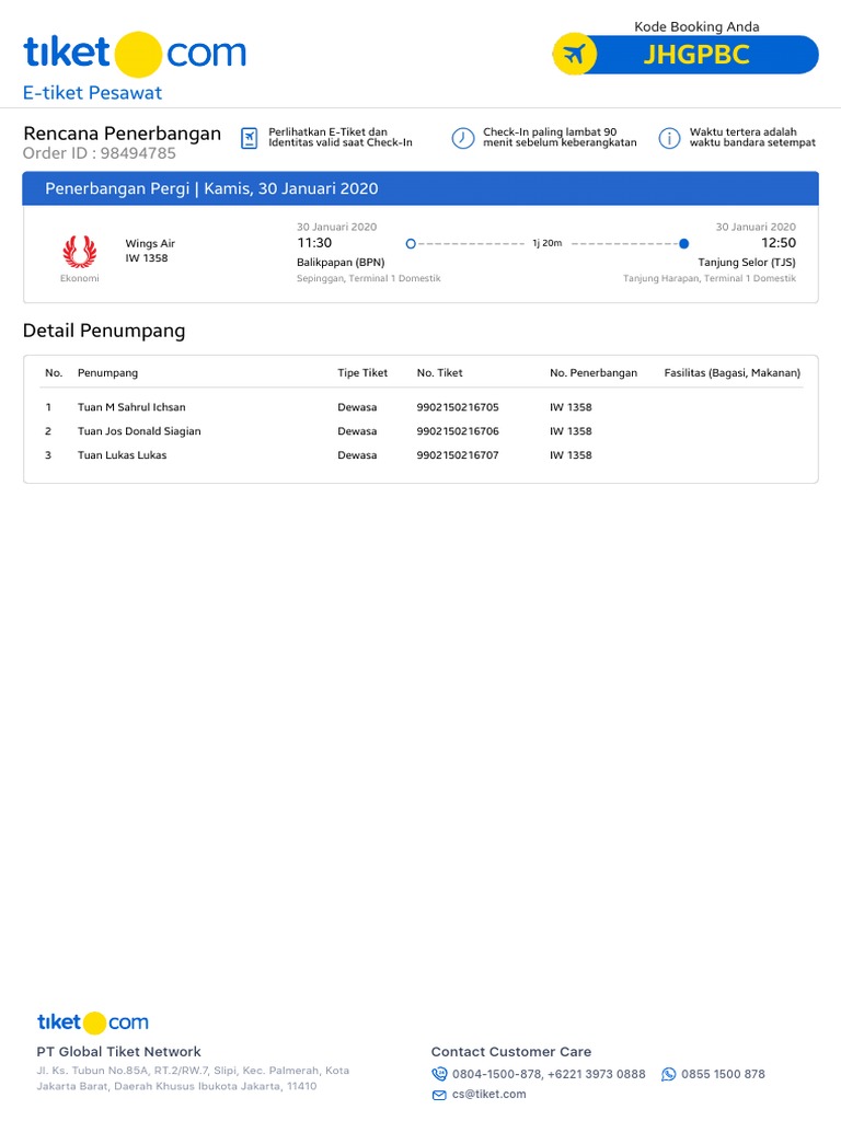 E-tiket Penerbangan BPN-TJS | PDF