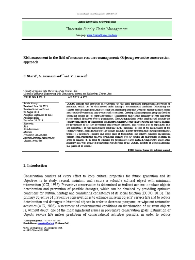 Risk Assessment in The Field of Museum Resource Management Objects ...