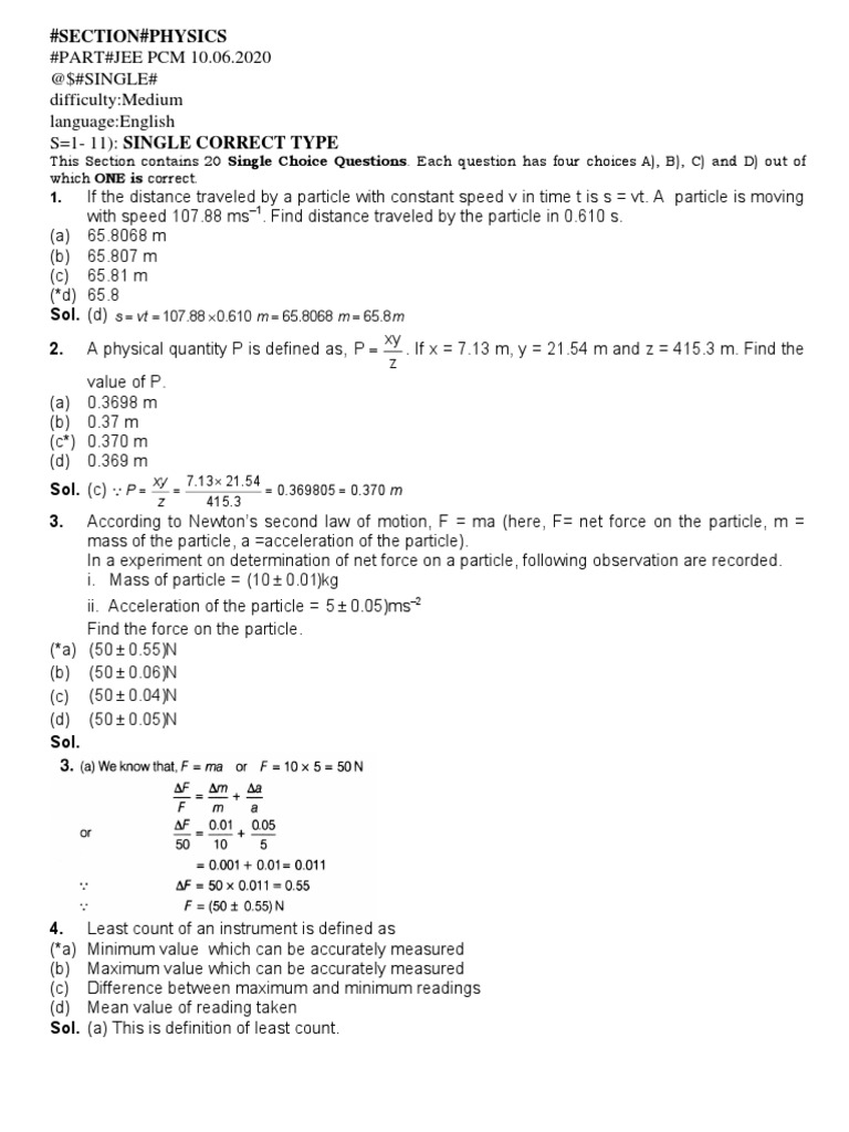 Solution With (PCM TEST NEW XENON) 10.06.2020-1 | PDF | Physics | Metrology