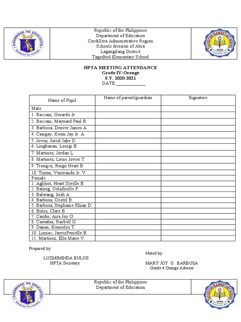 Attendance Pta Meeting | PDF