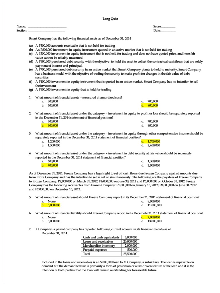 PDF 1st Long Quiz With Answers - Compress | PDF | Balance Sheet | Investing