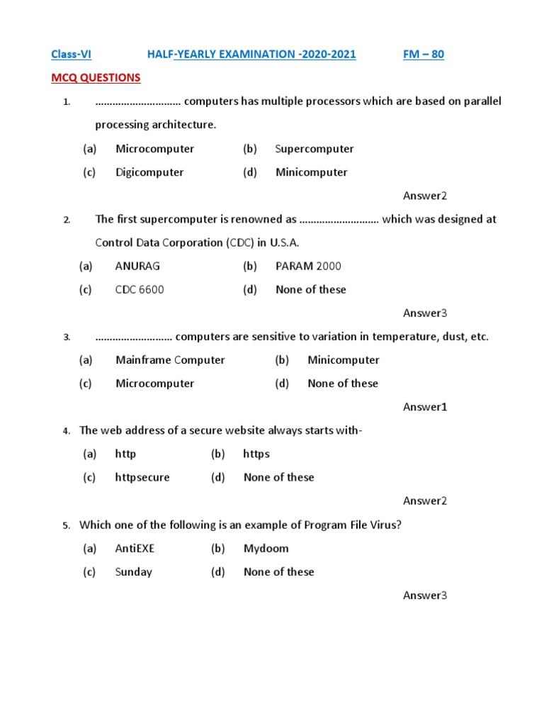 Class 6 Computer Ques & Ans (Half Yearly) 2020 | PDF | Spreadsheet ...