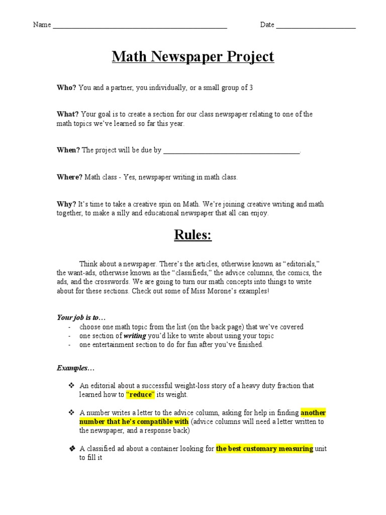 Math Newspaper Project | PDF | Newspapers | Mathematics