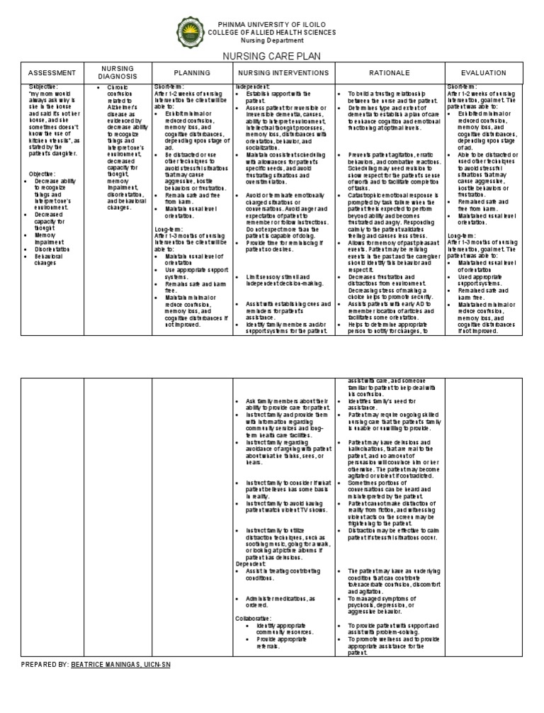 Nursing Care Plan: Phinma University of Iloilo | PDF | Memory | Dementia