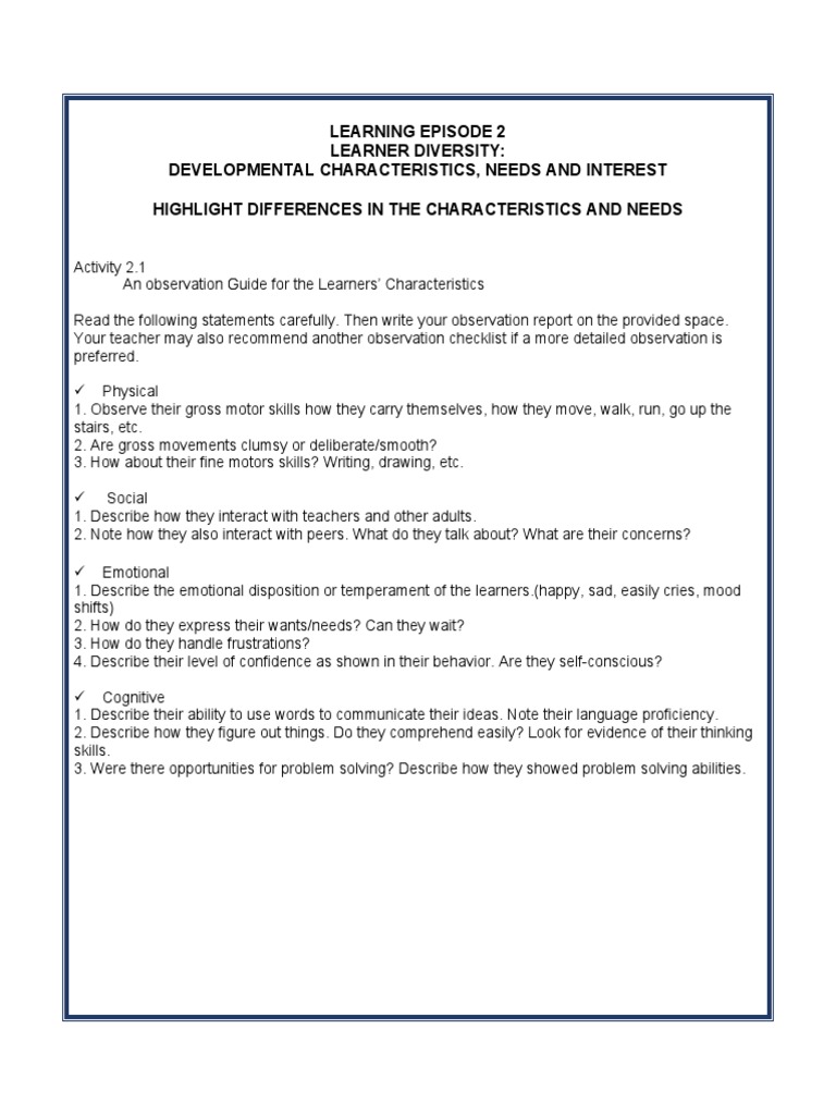 Learning Episode 2 Learner Diversity: Developmental Characteristics ...