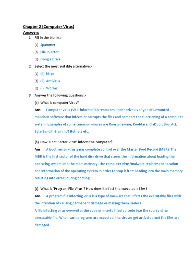 Chapter 2 (Computer Virus) Answers: Fill in The Blanks | PDF | Computer ...