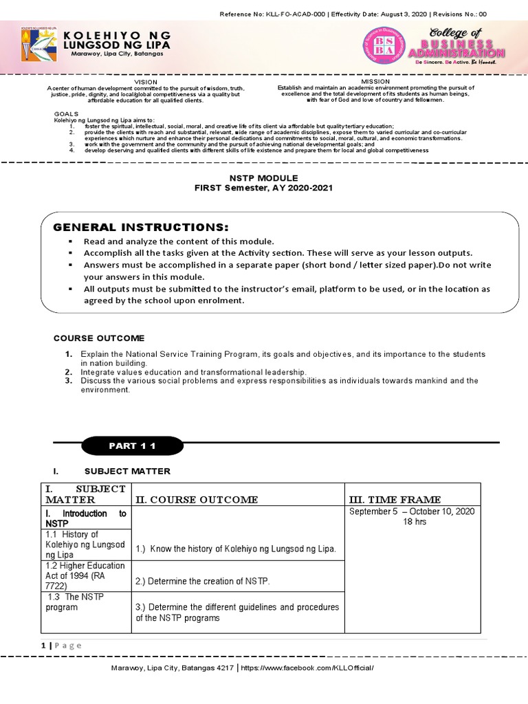 General Instructions:: NSTP Module FIRST Semester, AY 2020-2021 | PDF | Reserve Officers ...