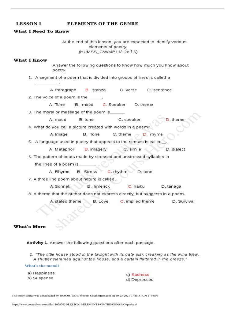 Lesson 1 Elements of The Genre | PDF | Poetry | Metre (Poetry)