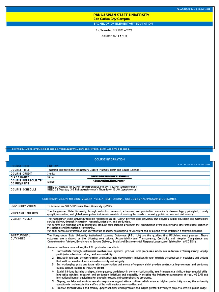 Syllabus in Teaching Science (Physics, Earth & Space Science | PDF ...