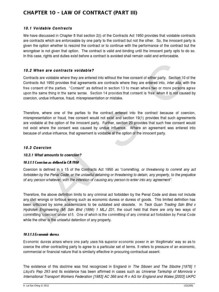 Chapter 10 - Law of Contract (Part Iii) : 1 0 - 1 V o I D A B L e C o N T R A C T S | PDF ...