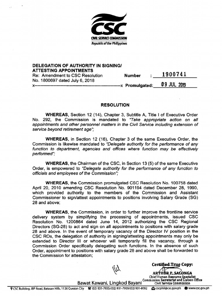 CSC Resolution No. 1900741 Dated July 09, 2019 - Delegation of ...