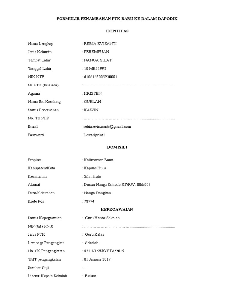 Formulir PTK Baru Dapodik | PDF