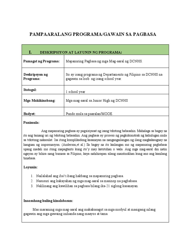 Pampaaralang Programa Sa Pagbasa | PDF Pampaaralang Programa Sa Pagbasa | PDF