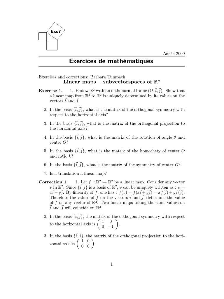 Exercices de Math Ematiques: Linear Maps - Subvectorspaces of R | PDF | Basis (Linear Algebra ...